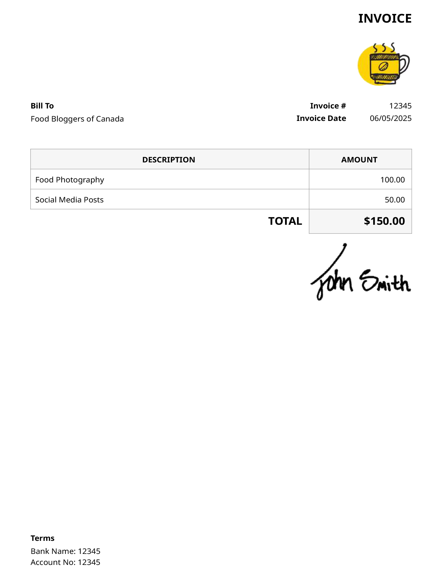 Invoice template from Invoice Home | Food Bloggers of Canada
